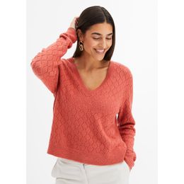 Ajourpullover bonprix "Ajour-Pullover", Damen, Gr. 44/46 (L), rosa (rhabarber), Strick, Obermaterial: 67% Polyacryl, 30% Polyester, 3% Elasthan, unifarben, l&auml;ssig geschnitten h&uuml;ftbedeckend, tiefer V-Ausschnitt, Strickb&uuml;ndchen, Pullover, bequeme Passform, mit tollem Ajour-Lochmuster, tiefer V-Ausschnitt