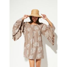 Tunikakleid bonprix "Strandtunika aus softer Viskose", Damen, Gr. 52/54 (XXL), N-Gr, braun (taupe, wollwei&szlig; floral), Web, Obermaterial: 100% Viskose, bedruckt, loose fit ca. Mitte Oberschenkel, Rundhals, weit, Kleider, aus Viskose, lockere Passform, 3/4-&Auml;rmel, bis Mitte Oberschenkel