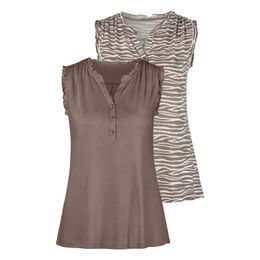 R&uuml;schentop Lascana "mit kurzer Knopfleiste", Damen, Gr. 32/34, grau (taupe, bedruckt, taupe, uni), Obermaterial: 76% Viskose (LENZING&trade; ECOVERO&trade;), 24% Polyester, unifarben, figurumspielend, V-Ausschnitt, Tops R&uuml;schentop, aus weicher Viskose-Qualit&auml;t
