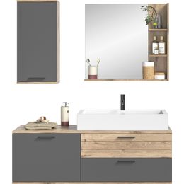 Badm&ouml;bel-Set Welltime "Riga, 3 teilig, inklusive Keramik-Aufsatzwaschbecken, bestehend aus:", braun (holzfarben), B:140cm H:140cm T:48cm, Holzwerkstoff, Kastenm&ouml;bel-Sets, Badm&ouml;bel-Set, Waschtisch-Set, H&auml;ngeschrank, Badspiegel