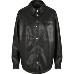 Hemdbluse Urban Classics "Urban Classics Damen Ladies Faux Leather Overshirt", Damen, Gr. S, schwarz, 100% Polyester, Blusen Hemdbluse