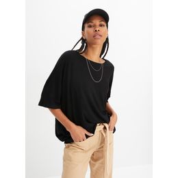 Oversize-Shirt bonprix, Damen, Gr. 52/54 (XXL), schwarz, Jersey, Obermaterial: 95% Viskose, 5% Elasthan, unifarben, oversize Po-bedeckend, Rundhals, Shirts, oversize Passform, Halbarm-Design, aus Viskose und Elasthan