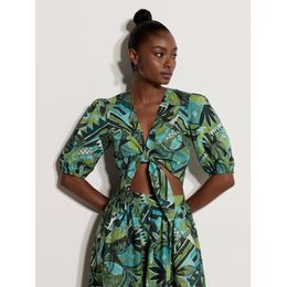 Druckbluse Apricot "Bluse", Damen, Gr. XS (34), blau (aqua), gewebt, Obermaterial: 100% Baumwolle CO., bedruckt, normal, V-Ausschnitt, Puff&auml;rmel Elastisch, Blusen Druckbluse, Bindeband vorne