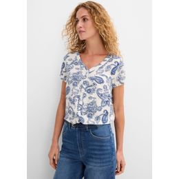Kurzarmbluse bonprix, Damen, Gr. 44, wei&szlig; (wollwei&szlig;, indigo paisley), Web, Obermaterial: 100% Viskose, Paisley, bedruckt, regular fit Po-bedeckend, V-Ausschnitt, gerader Abschluss, Blusen, leicht taillierte Passform, f&uuml;r warme Tage, aus Viskose