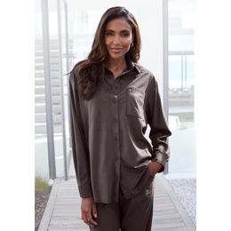 Langarmhemd French Connection, Damen, Gr. 32/34, N-Gr, braun (dunkelbraun), Samt, Obermaterial: 92% Polyester, 8% Elasthan, unifarben, figurumspielend lang, 2-Knopf-Manschette, Hemden, aus Veloursleder-Imitat mit aufgesetzter Tasche, Loungewear