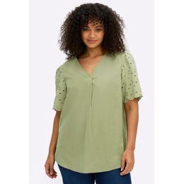 Longbluse sheego, Damen, Gr. 40, schilf, 100% Baumwolle, unifarben, V-Ausschnitt, Blusen Longbluse
