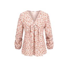 Langarmhemd CLOUD 5IVE "CLOUD 5IVE V-Neck Bluse mit R&uuml;schendetails und Blumen Print", Damen, Gr. L, US-Gr&ouml;&szlig;en, wei&szlig;, 95% Polyester, 5% Elasthan, normal, Hemden
