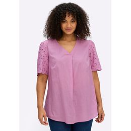 Longbluse sheego, Damen, Gr. 40, orchidee, 100% Baumwolle, unifarben, V-Ausschnitt, Blusen Longbluse