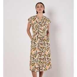Midikleid Apricot "Midikleid", Damen, Gr. XS (34), N-Gr, wei&szlig; (stein), Obermaterial: 73% Viskose CV. 27% Leinen LI., gemustert, Kleider Midikleid, mit G&uuml;rtel