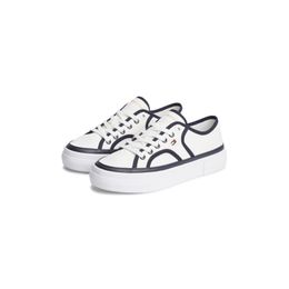 Plateausneaker Tommy Hilfiger "PLATFORM VULC SNEAKER PIPING", Damen, Gr. 36, ecru, blau, Baumwolle, Lederimitat, Schuhe Plateausneaker, Freizeitschuh, Halbschuh, Schn&uuml;rschuh mit Kontrast-Paspellierung