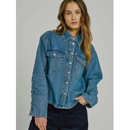 Blusentop NORR "NORR Shirt Kenzie", Damen, Gr. M/L, blau (medium blau denim), Obermaterial: 100% Baumwolle, Blusen Blusentop