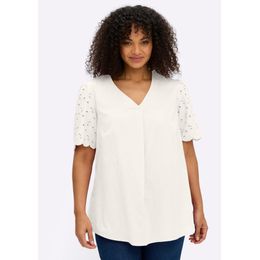 Longbluse sheego, Damen, Gr. 48, ecru, 100% Baumwolle, unifarben, V-Ausschnitt, Blusen Longbluse