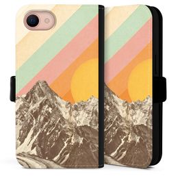 DeinDesign iPhone 16e Handy Klapph&uuml;lle Handyh&uuml;lle aus Kunst Leder schwarz Flip Case Sunshine Mountain Retro Sideflip mit Lasche