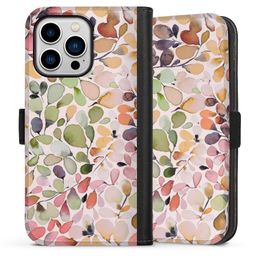 DeinDesign iPhone 13 Pro Handy Klapph&uuml;lle Handyh&uuml;lle aus Kunst Leder schwarz Flip Case Eukalyptus Muster Pattern Sideflip mit Lasche