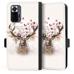 DeinDesign Xiaomi Redmi Note 10 Pro Handy Klapph&uuml;lle Handyh&uuml;lle aus Kunst Leder schwarz Flip Case Animals Deer Flowers Sideflip mit langer Lasche