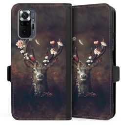 DeinDesign Xiaomi Redmi Note 10 Pro Handy Klapph&uuml;lle Handyh&uuml;lle aus Kunst Leder schwarz Flip Case Reindeer Flowers Rehe Sideflip mit langer Lasche