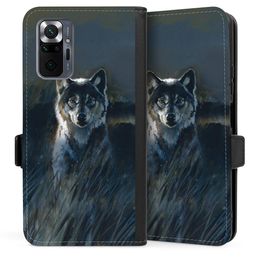 DeinDesign Xiaomi Redmi Note 10 Pro Handy Klapph&uuml;lle Handyh&uuml;lle aus Kunst Leder schwarz Flip Case Wolf Painting Nature Sideflip mit langer Lasche