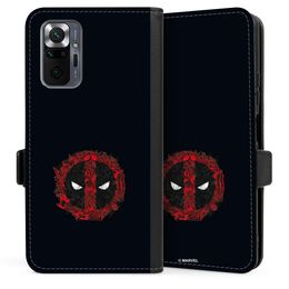 DeinDesign Xiaomi Redmi Note 10 Pro Handy Klapph&uuml;lle Handyh&uuml;lle aus Kunst Leder schwarz Flip Case Logo Deadpool Marvel Sideflip mit langer Lasche