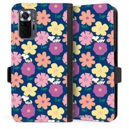DeinDesign Xiaomi Redmi Note 10 Pro Handy Klapph&uuml;lle Handyh&uuml;lle aus Kunst Leder schwarz Flip Case Snoopy Flowers Muster Sideflip mit langer Lasche