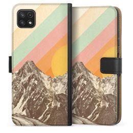 DeinDesign Galaxy A22 5G Handy Klapph&uuml;lle Handyh&uuml;lle aus Kunst Leder schwarz Flip Case Retro Mountain Sunshine Sideflip mit langer Lasche