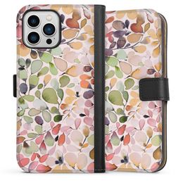 DeinDesign iPhone 13 Pro Max Handy Klapph&uuml;lle Handyh&uuml;lle aus Kunst Leder schwarz Flip Case Eukalyptus Muster Pattern Sideflip mit langer Lasche