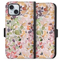 DeinDesign iPhone 15 Handy Klapph&uuml;lle Handyh&uuml;lle aus Kunst Leder schwarz Flip Case Eukalyptus Muster Pattern Sideflip mit Lasche