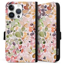 DeinDesign iPhone 14 Pro Max Handy Klapph&uuml;lle Handyh&uuml;lle aus Kunst Leder schwarz Flip Case Eukalyptus Muster Pattern Sideflip mit Lasche