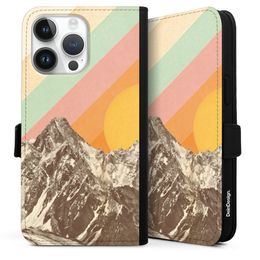 DeinDesign iPhone 14 Pro Max Handy Klapph&uuml;lle Handyh&uuml;lle aus Kunst Leder schwarz Flip Case Sunshine Mountain Retro Sideflip mit Lasche