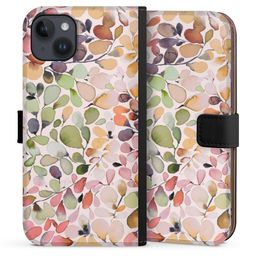 DeinDesign iPhone 14 Plus Handy Klapph&uuml;lle Handyh&uuml;lle aus Kunst Leder schwarz Flip Case Eukalyptus Muster Pattern Sideflip mit langer Lasche