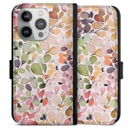 DeinDesign iPhone 14 Pro Handy Klapph&uuml;lle Handyh&uuml;lle aus Kunst Leder schwarz Flip Case Eukalyptus Muster Pattern Sideflip mit langer Lasche
