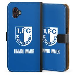DeinDesign Galaxy XCover 6 Pro Handy Klapph&uuml;lle Handyh&uuml;lle aus Kunst Leder schwarz Flip Case 1. Fc Magdeburg Official Licensed Product Coat Of Arms Sideflip mit 