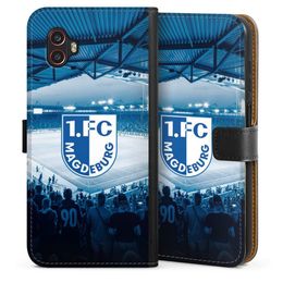 DeinDesign Galaxy XCover 6 Pro Handy Klapph&uuml;lle Handyh&uuml;lle aus Kunst Leder schwarz Flip Case 1. Fc Magdeburg Stadium 1. Fcm Sideflip mit langer Lasche