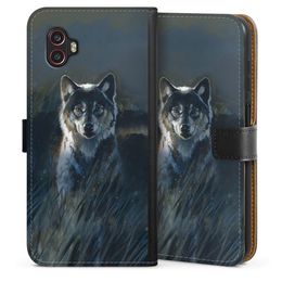 DeinDesign Galaxy XCover 6 Pro Handy Klapph&uuml;lle Handyh&uuml;lle aus Kunst Leder schwarz Flip Case Wolf Painting Nature Sideflip mit langer Lasche