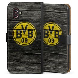 DeinDesign Galaxy XCover 6 Pro Handy Klapph&uuml;lle Handyh&uuml;lle aus Kunst Leder schwarz Flip Case Wooden Look Bvb Borussia Dortmund Sideflip mit langer Lasche