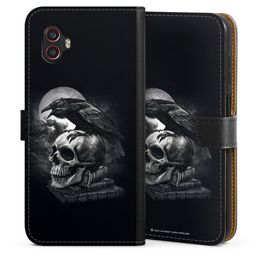 DeinDesign Galaxy XCover 6 Pro Handy Klapph&uuml;lle Handyh&uuml;lle aus Kunst Leder schwarz Flip Case Skulls Skull Raven Sideflip mit langer Lasche
