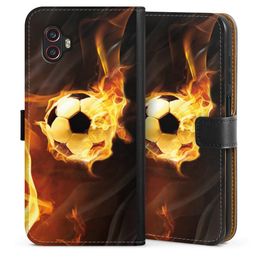 DeinDesign Galaxy XCover 6 Pro Handy Klapph&uuml;lle Handyh&uuml;lle aus Kunst Leder schwarz Flip Case Fire Ball Soccer Sideflip mit langer Lasche