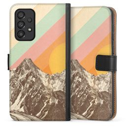 DeinDesign Galaxy A33 5G Handy Klapph&uuml;lle Handyh&uuml;lle aus Kunst Leder schwarz Flip Case Retro Mountain Sunshine Sideflip mit langer Lasche