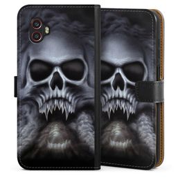 DeinDesign Galaxy XCover 6 Pro Handy Klapph&uuml;lle Handyh&uuml;lle aus Kunst Leder schwarz Flip Case Halloween Skull Totenkopf Sideflip mit langer Lasche