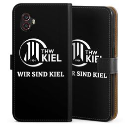 DeinDesign Galaxy XCover 6 Pro Handy Klapph&uuml;lle Handyh&uuml;lle aus Kunst Leder schwarz Flip Case Handball Merchandise Thw Kiel Sideflip mit langer Lasche