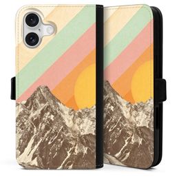 DeinDesign iPhone 16 Plus Handy Klapph&uuml;lle Handyh&uuml;lle aus Kunst Leder schwarz Flip Case Sunshine Mountain Retro Sideflip mit Lasche