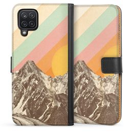 DeinDesign Galaxy A12 Handy Klapph&uuml;lle Handyh&uuml;lle aus Kunst Leder schwarz Flip Case Retro Mountain Sunshine Sideflip mit langer Lasche