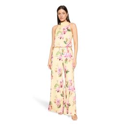 Overall Vera Mont "Damen mit Blumenprint", Damen, Gr. 34, Normalgr&ouml;&szlig;en, beige (gelb, ros&eacute;), Satin, Obermaterial: 95% Polyester, 5% Elasthan. Futter: 100% Polyester, festlich, figurumspielend, amerikanischer Ausschnitt, Overalls Overall