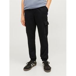 Jack & Jones Sweathose JACK & JONES JUNIOR "JPSTGORDON JJBRADLEY CARGO PAN NOOS JNR", Jungen, Gr. 128, N-Gr, schwarz, angeraute Sweatware, Obermaterial: 61% Polyester, 39% Baumwolle, unifarben, regular fit kn&ouml;chellang, Hosen Sweathose, im Cargo Style