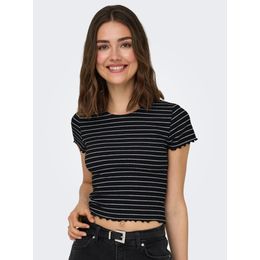 Rundhalsshirt Only "ONLEMMA STRIPE S/S TOP", Damen, Gr. XS (34), schwarz (schwarz stripes:cloud dancer), Jersey, Obermaterial: 65% Polyester, 30% Viskose, 5% Elasthan, gestreift, figurbetont kurz, Rundhals, gewellter Abschluss, Shirts Rundhalsshirt