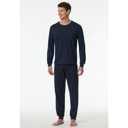 Schlafanzug Schiesser "Comfort Essentials", Herren, Gr. 102, blau (803, dunkelblau), Single Jersey, Obermaterial: 100% Baumwolle, gestreift, unifarben, regular fit lang, Rundhals, Homewear-Sets Schlafanzug, mit gestreiftem Oberteil