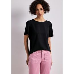 Kurzarmbluse Street One, Damen, Gr. 34, schwarz, Stoff, 100% Viskose, unifarben, klassisch normal, Rundhals, abgesteppt, Blusen, mit Raffungen an den &Auml;rmeln