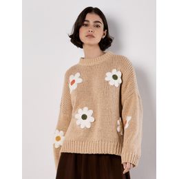 Strickponcho Apricot "Pullover", Damen, Gr. L (40), wei&szlig; (stein), gestrickt, Obermaterial: 100% Polyester PES., unifarben, figurumspielend h&uuml;ftlang, Rundhals, weit B&uuml;ndchen, Pullover, mit G&auml;nsebl&uuml;mchen