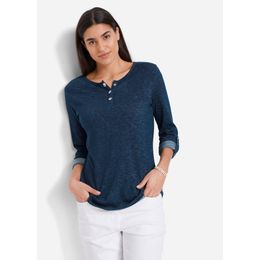 Langarmshirt bonprix, Damen, Gr. 40/42 (M), dunkelblau meliert, Jersey, Obermaterial: 70% Polyester, 30% Baumwolle, meliert, unifarben, loose fit h&uuml;ftbedeckend, Rundhals, Krempel&auml;rmel,mit Riegel, Shirts Langarmshirt, im Henley-Look, mit krempelbaren &Auml;rmeln, abgerundeter Saum