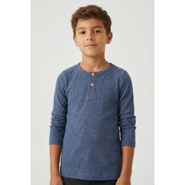 Langarmshirt name it "NMMKAB LS TOP NOOS", Jungen, Gr. 104, blau (vintage indigo), Feinripp, Obermaterial: 57% Baumwolle, 38% Modal, 5% Elasthan, unifarben, normal normal, Rundhals, abgesteppte Kante, Shirts Langarmshirt, Im Henley-Stil - mit kurzer Knopfleise, normal geschnitten