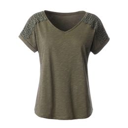 V-Shirt Inspirationen "Shirt", Damen, Gr. 36, gr&uuml;n (oliv), 100% Baumwolle, Spitze:100% Polyester, unifarben, V-Ausschnitt, Shirts